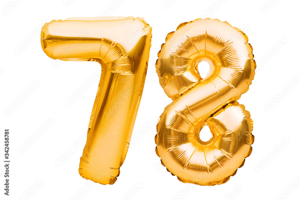 Number 78 seventy eight made of golden inflatable balloons isolated on ...