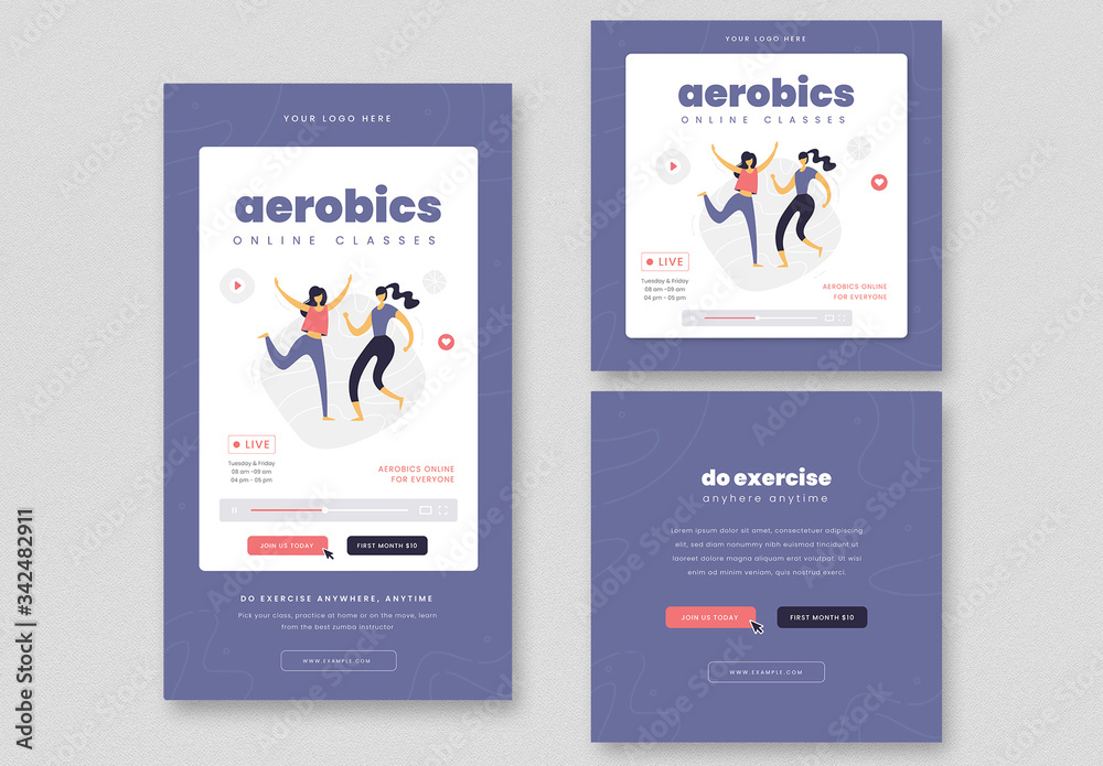 Online Aerobics Class Social Media Post Layouts Stock Template | Adobe ...
