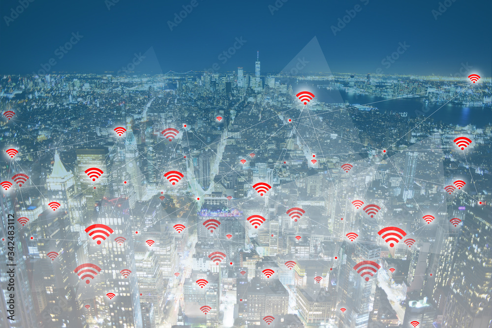 Wireless network impact in a city map abstract concept with skyscrapers ...