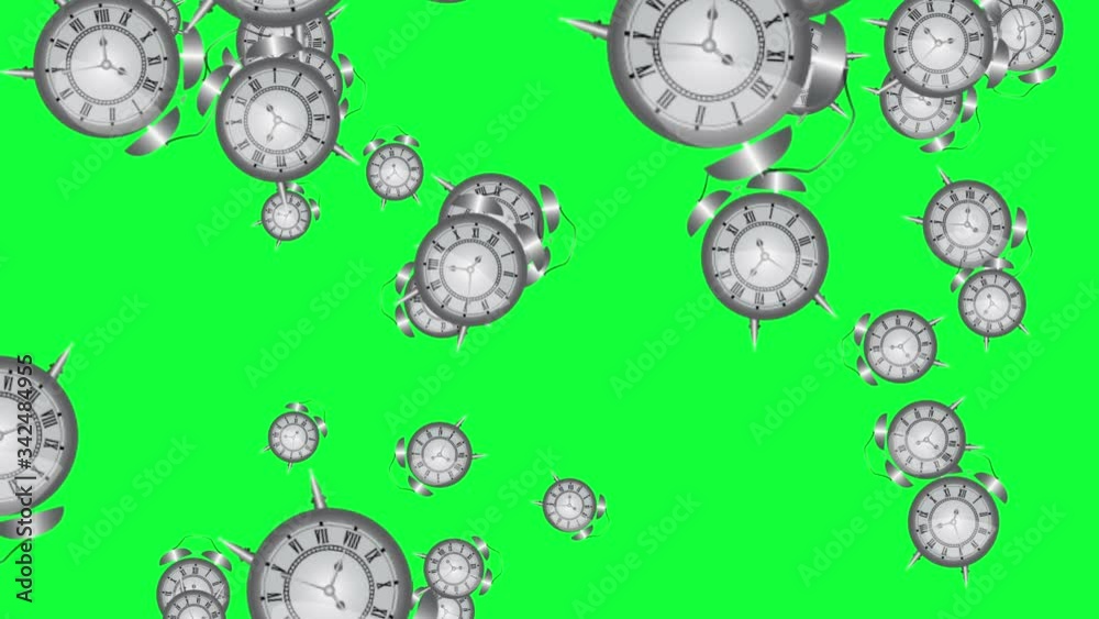 Falling animated cartoon vintage old style clocks, green screen chroma ...