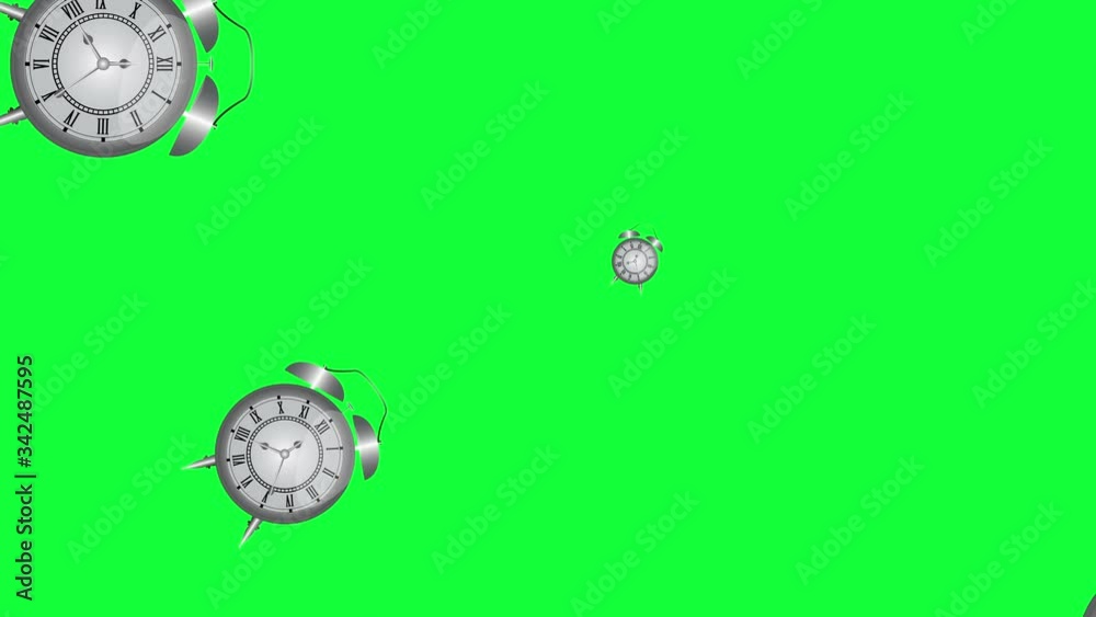 Group of animated cartoon vintage old style clocks, green screen chroma ...