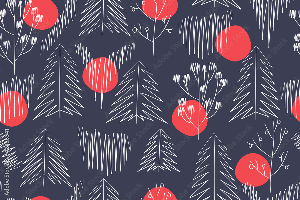 Seamless forest pattern in scandinavian style. Graphic contour spruce ...