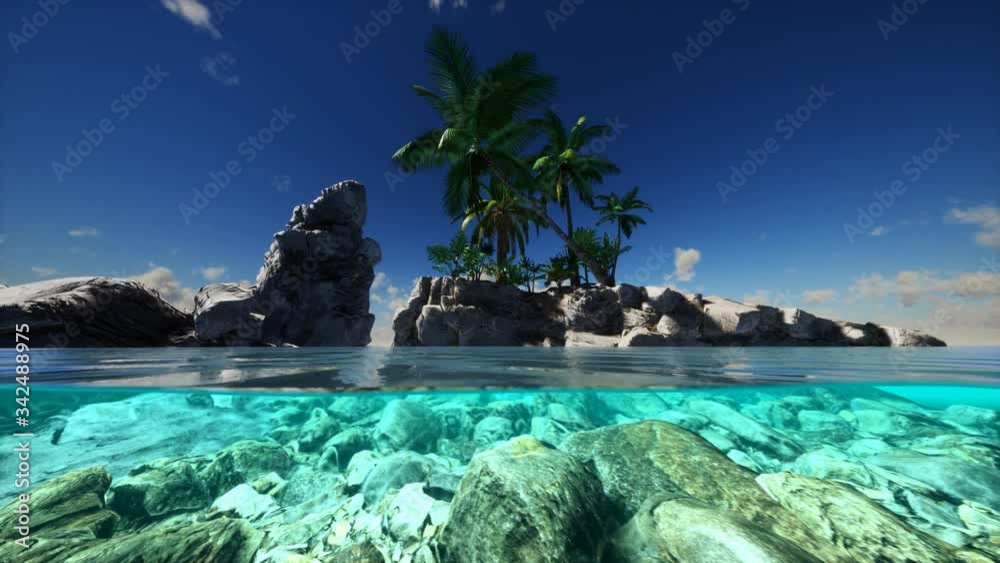 Split view cross section of sea water and palm trees on Island. Rocks ...
