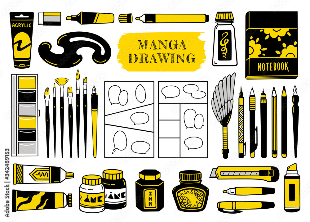 Big collection of manga sketching supplies, drawing tools. Black and ...