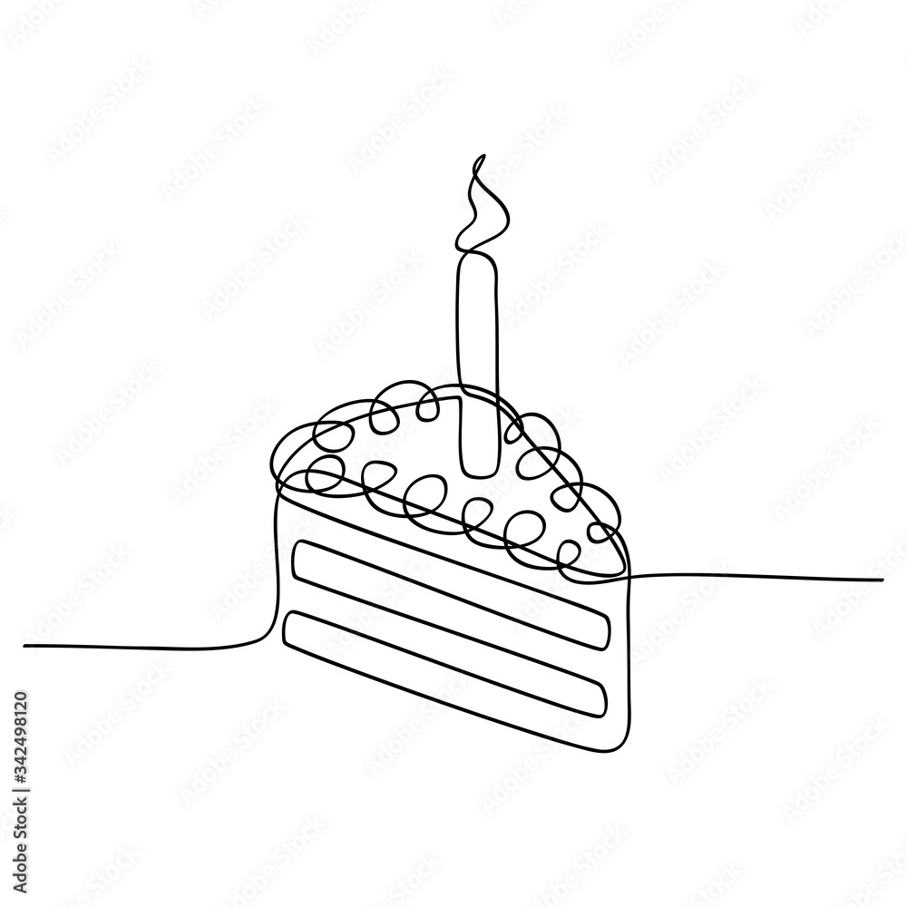 Continuous line drawing. Piece of birthday cake with candle. Symbol of ...