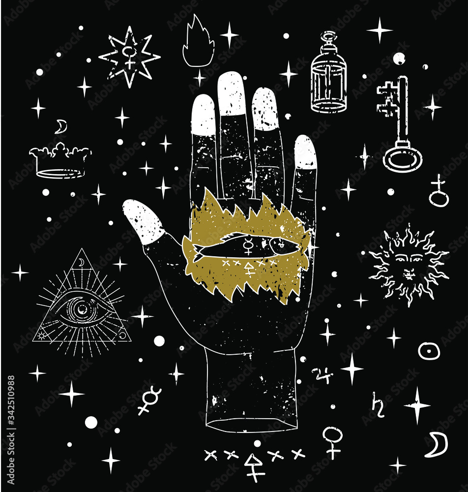 Magic set: palmistry hand, medieval style sun, key, Morning star sign. Ink style boho chic ...