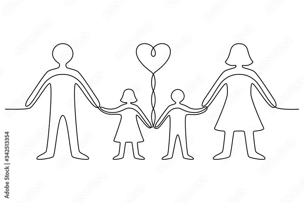 Continuous line drawing. Family. People. Parents with children. Black ...
