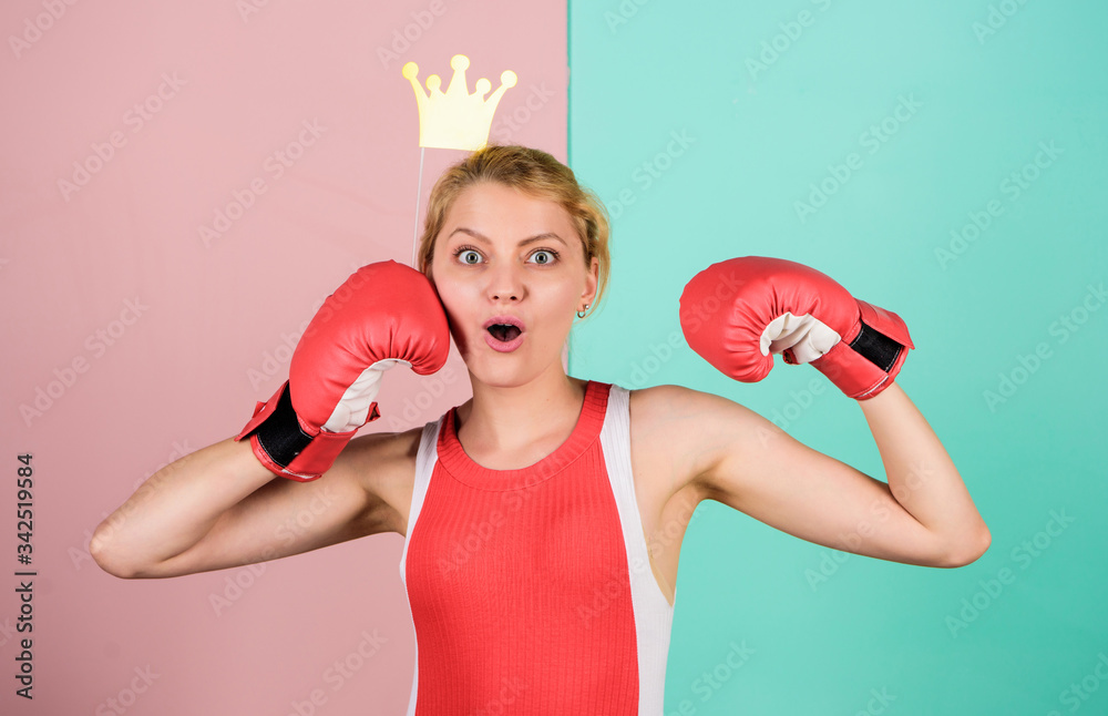 Athletic princess. happy woman party crown. female boxer boxing gloves ...