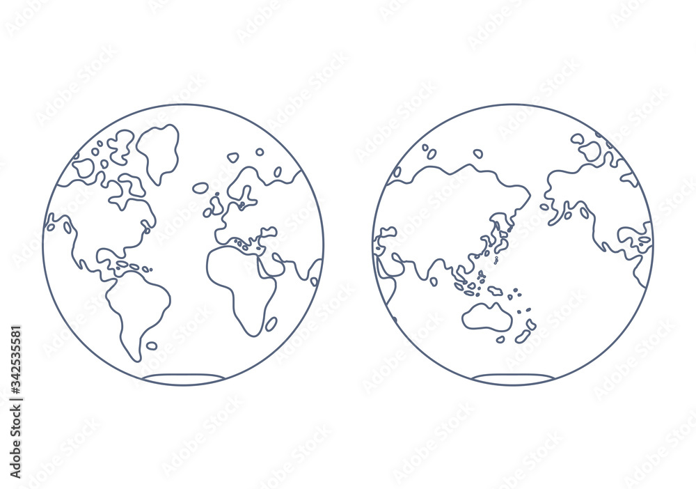 World map vector, western and eastern globe hemisphere line icons ...