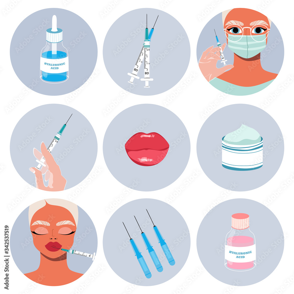 Beauty injection icons. Lip fillers, master holding a syringe, client ...