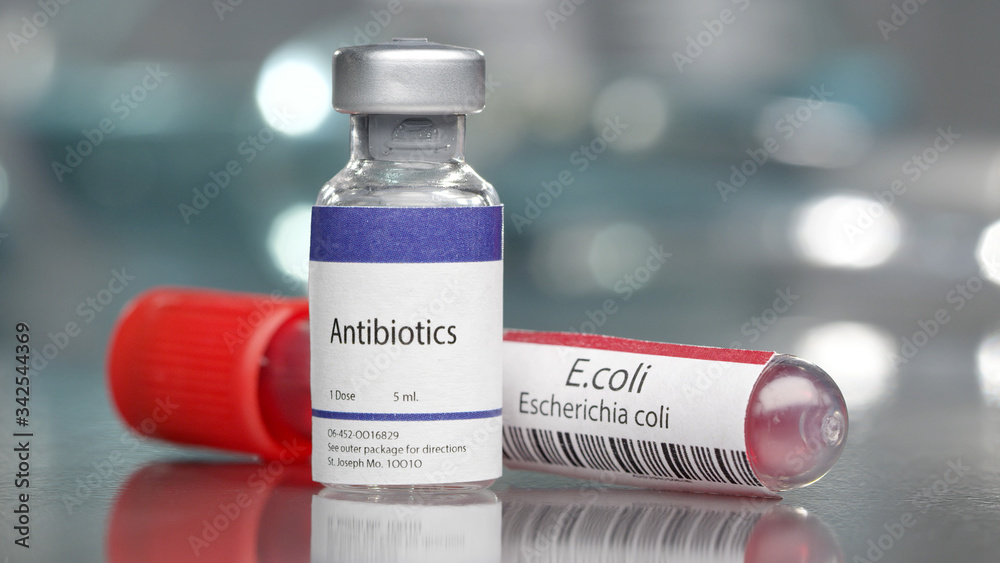 Antibiotics and Escherichia coli e.coli vial in medial lab Stock Photo ...