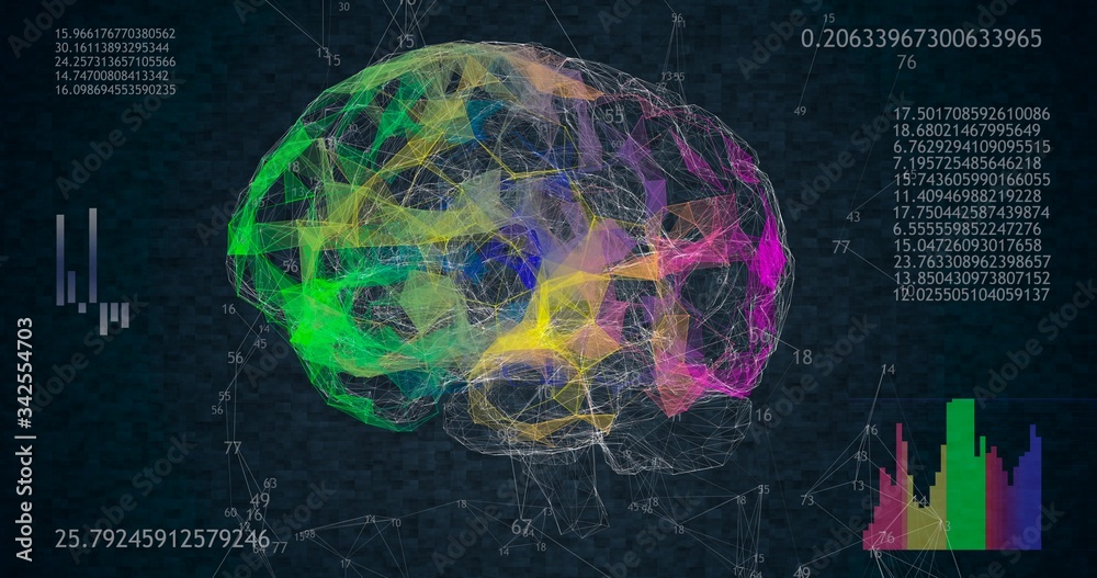 Rotating 360 low polygonal brain 3D model on black background with ...