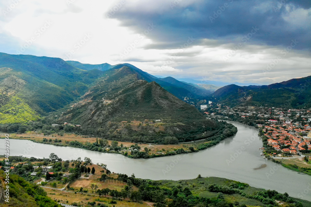 View of Jvari monastery, a 6th-century Orthodox monastery on a rocky ...