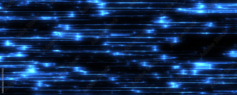 Horizontal blue light streaks effect background with particles glow ...