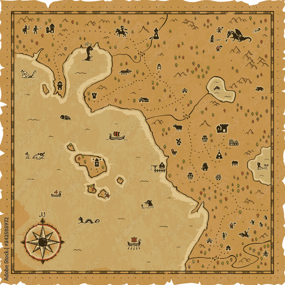 Medieval fantasy map on a parchment background with a frame, a compass ...