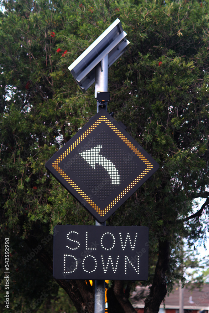Road signage with solar panel on top. Clean energy, LED solar powered ...