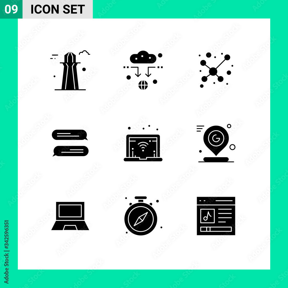 Set of 9 Modern UI Icons Symbols Signs for map, wifi, atom, network ...