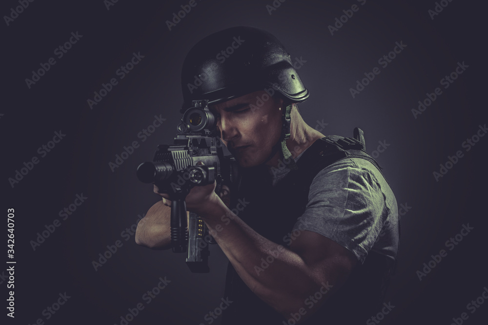 Army Soldier Aiming With Rifle Against Black Background Stock Photo ...