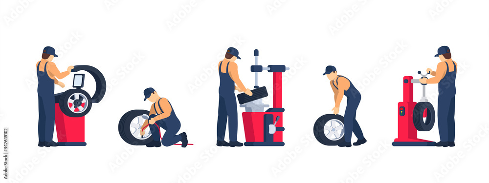 Tire service workers doing the work. Different types of auto services ...