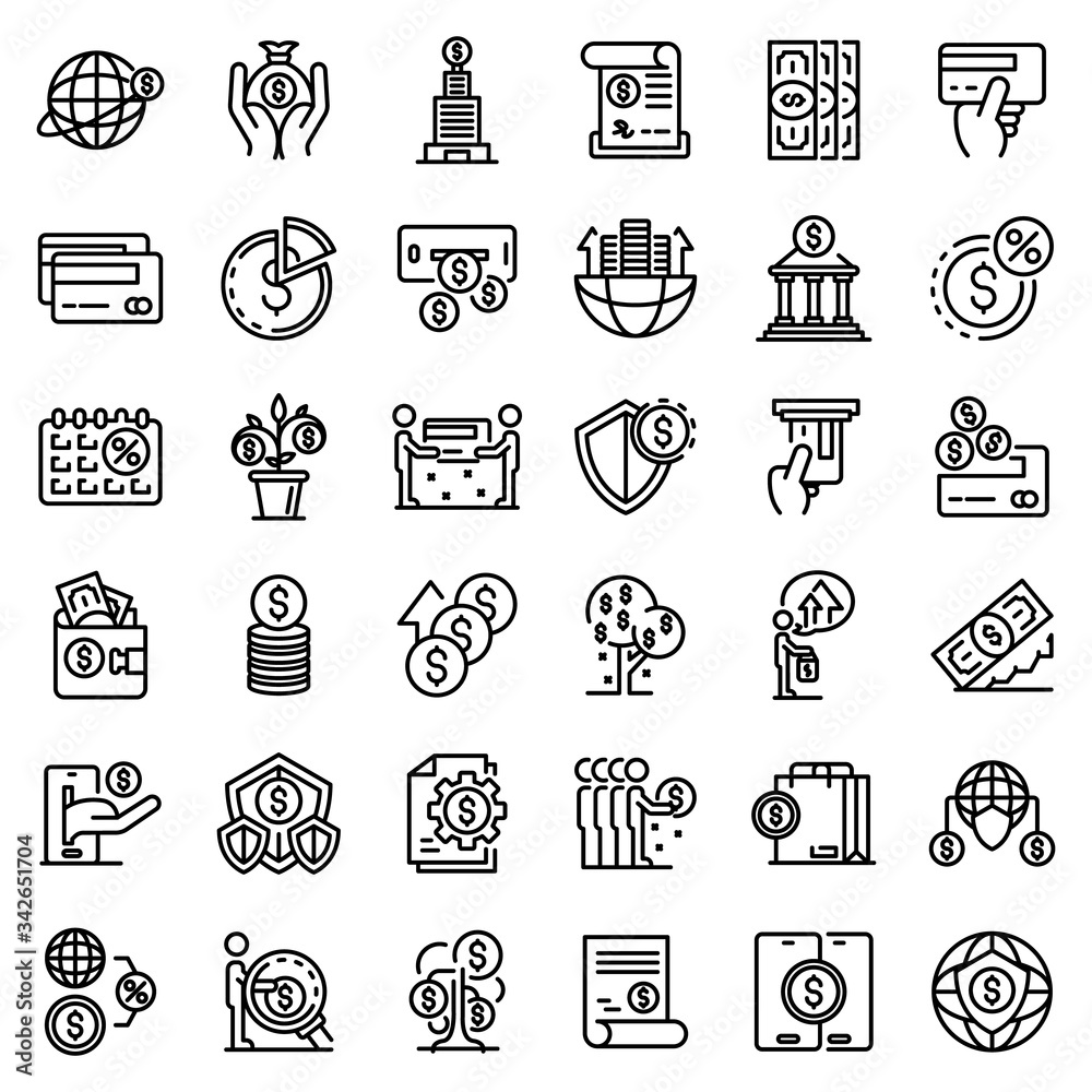 Credit union icons set. Outline set of credit union vector icons for ...