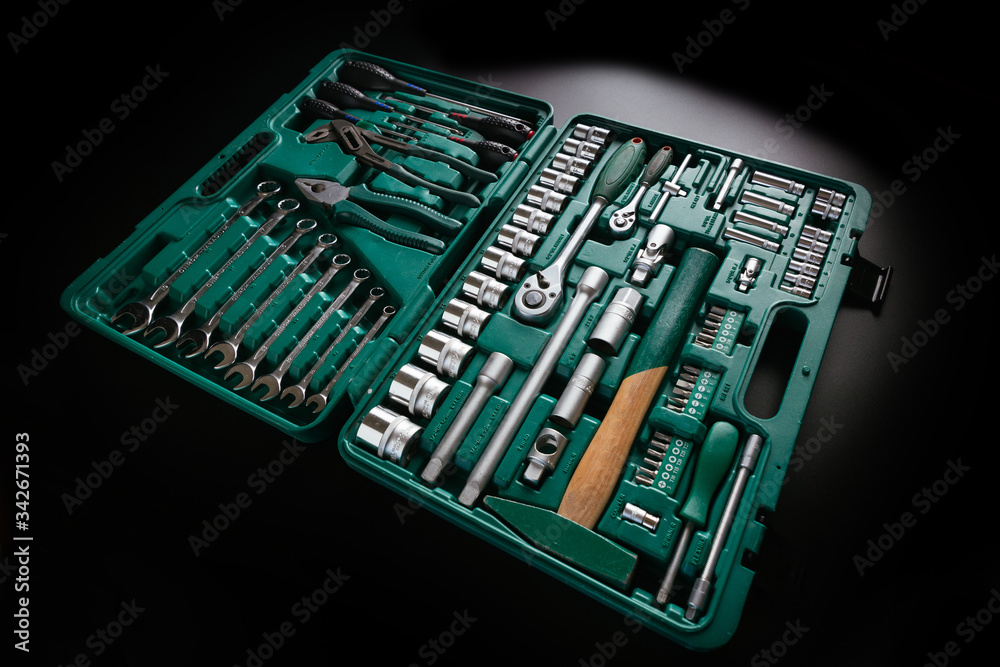 Tools in the set. Wrenches, hammer, pliers and other tools in the set ...