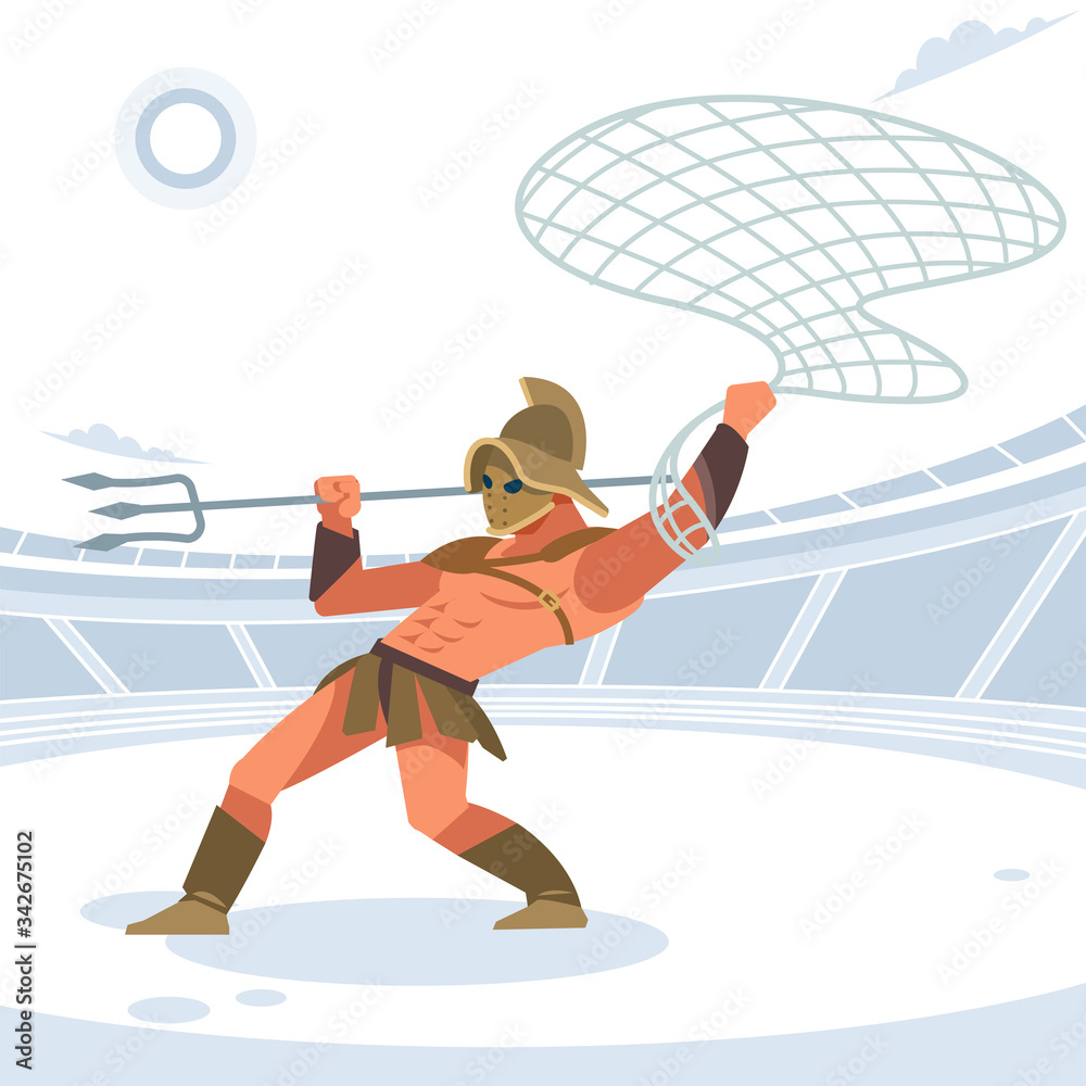 Gladiator in the arena with a grid and a Trident attacks. Vector ...