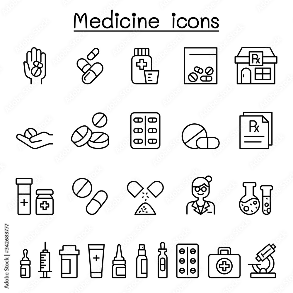 Set of medical drug related vector line icons. contains such Icons as ...