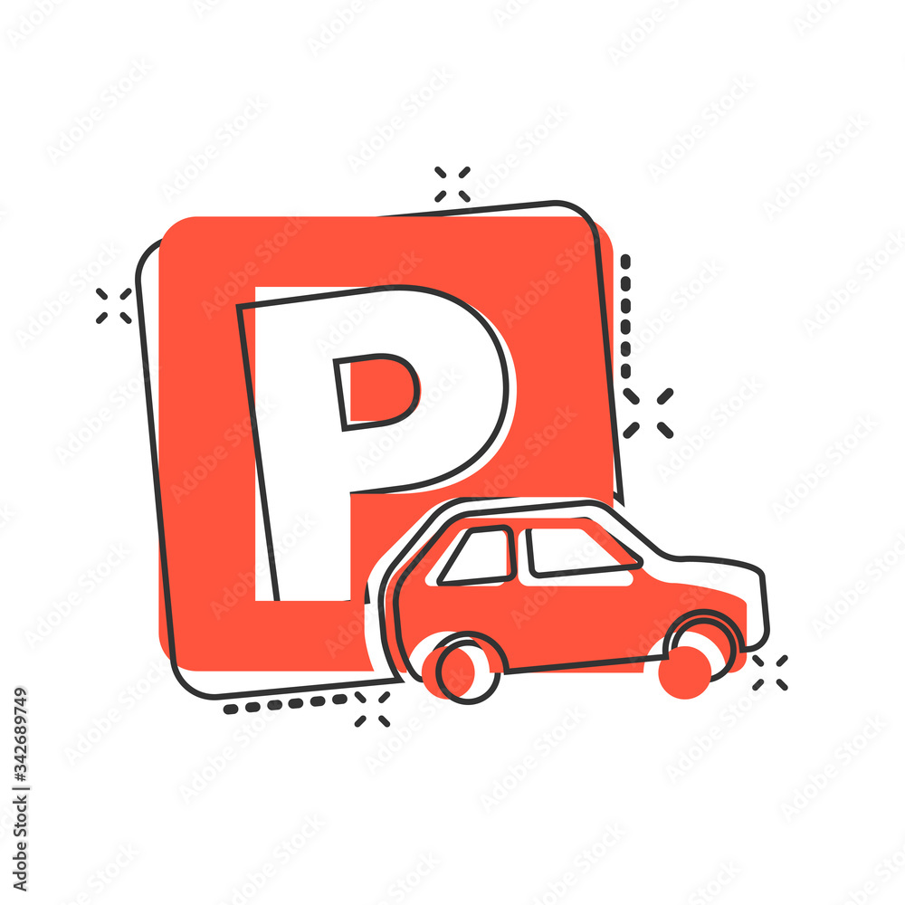 Car parking icon in comic style. Auto stand cartoon vector illustration ...