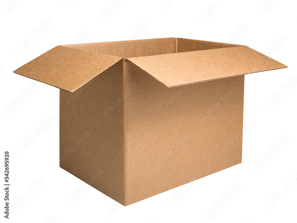 Open corrugated carton box isolated on white background. Kraft box with ...