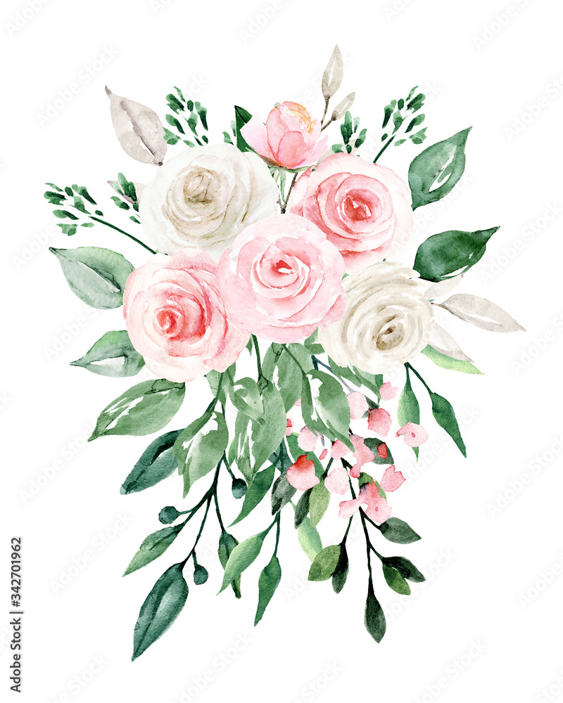 Pink roses watercolor painting, floral clip art. Flowers composition ...