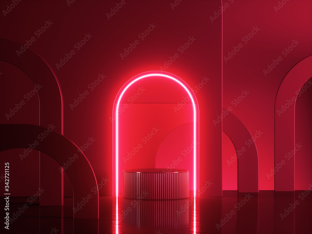 3d render, abstract modern red neon background. Shiny frame with copy ...