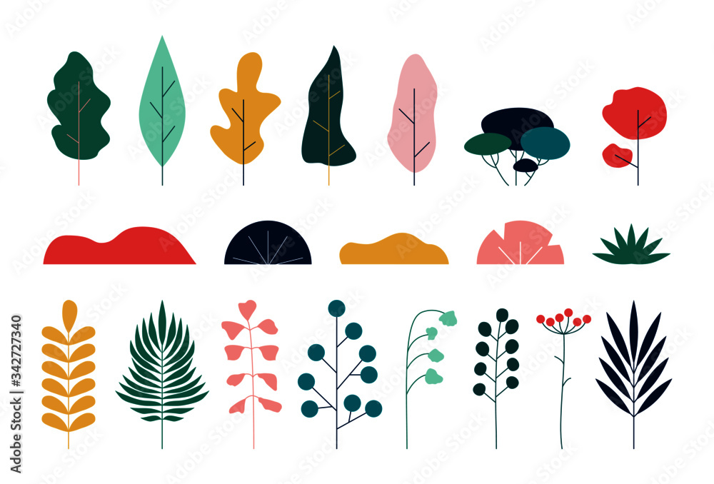 Summer flat leaves. Set of garden leaf, gradation fantasy color trees ...