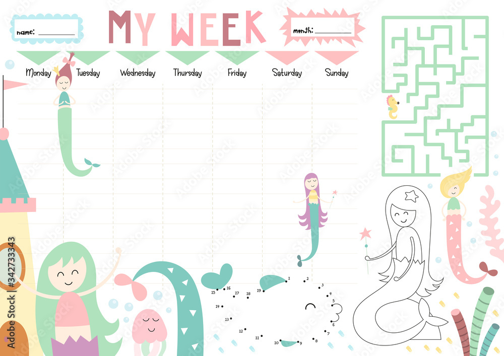 My week - Weekly planner with Little cute mermaids in doodle cartoon ...