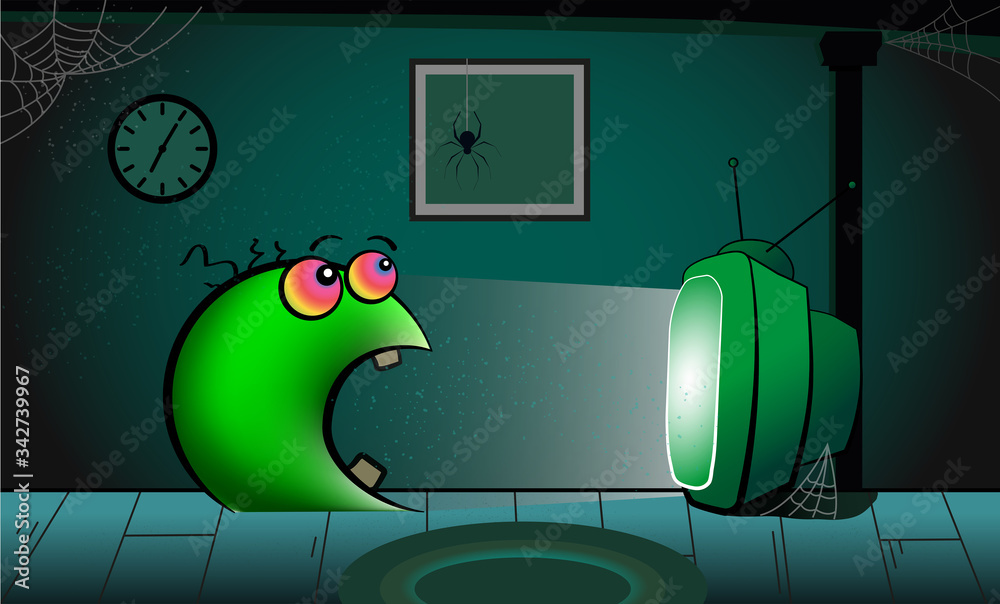 Scared character watching tv news vector illustration. Horror movie on ...