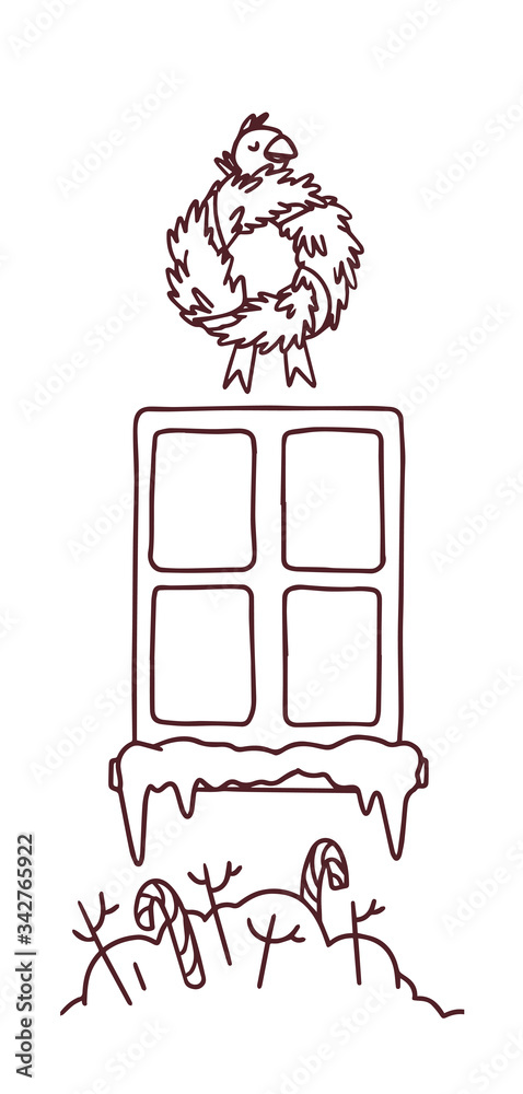 Outline winter snowy house window with wreath and snowdrift with ...