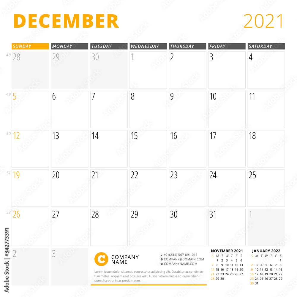 Corporate design planner template for December 2021. Monthly planner ...