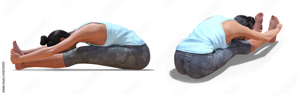 Back and Left Profile Poses of a Virtual Woman in Yoga Seated Forward ...