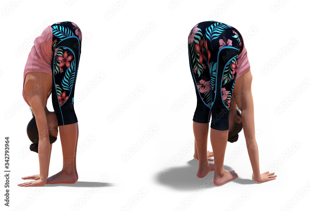 Back and Left Profile Poses of a Virtual Woman in Yoga Standing Forward ...