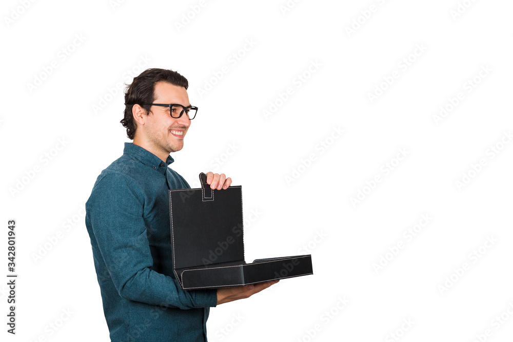 Side view businessman opening his briefcase, overjoyed facial ...