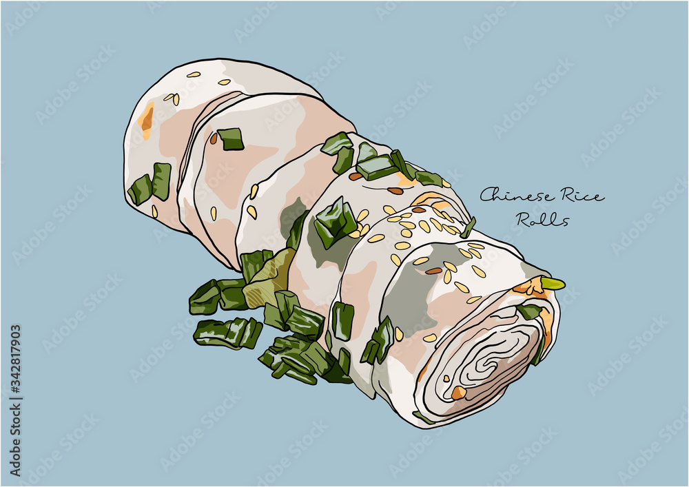 Vector Illustration of Chinese Donut Rice Roll / Steamed Rice Noodle ...