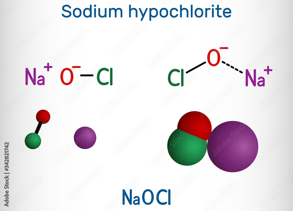 Sodium hypochlorite, NaOCl molecule. It contains a sodium cation and a ...
