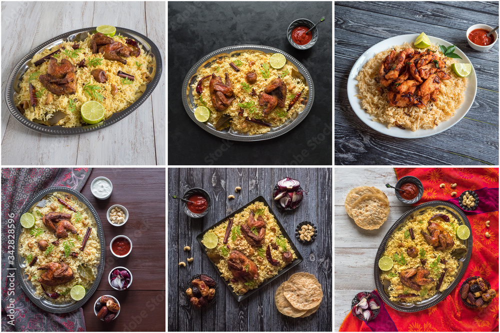 Collage from different pictures of Arabic traditional food bowls Kabsa ...