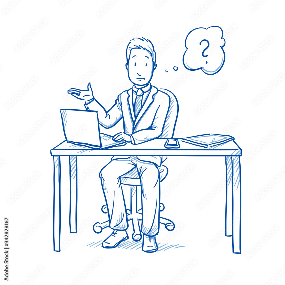 Clueless business man, employee at his desk with laptop, tablet and ...