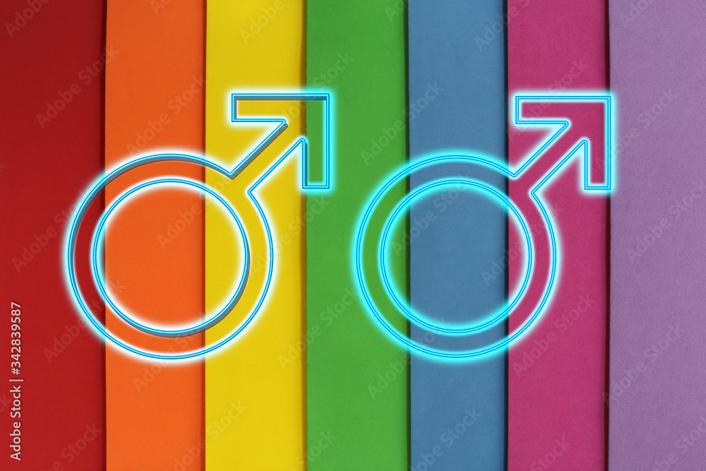 Two blue neon male symbols. Background in the colors of LGBT flag ...