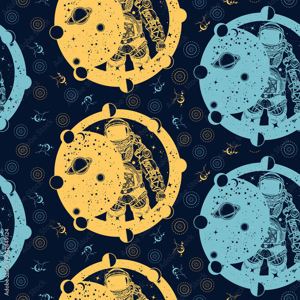 Astronaut in space. Seamless pattern. Packing old paper, scrapbooking ...
