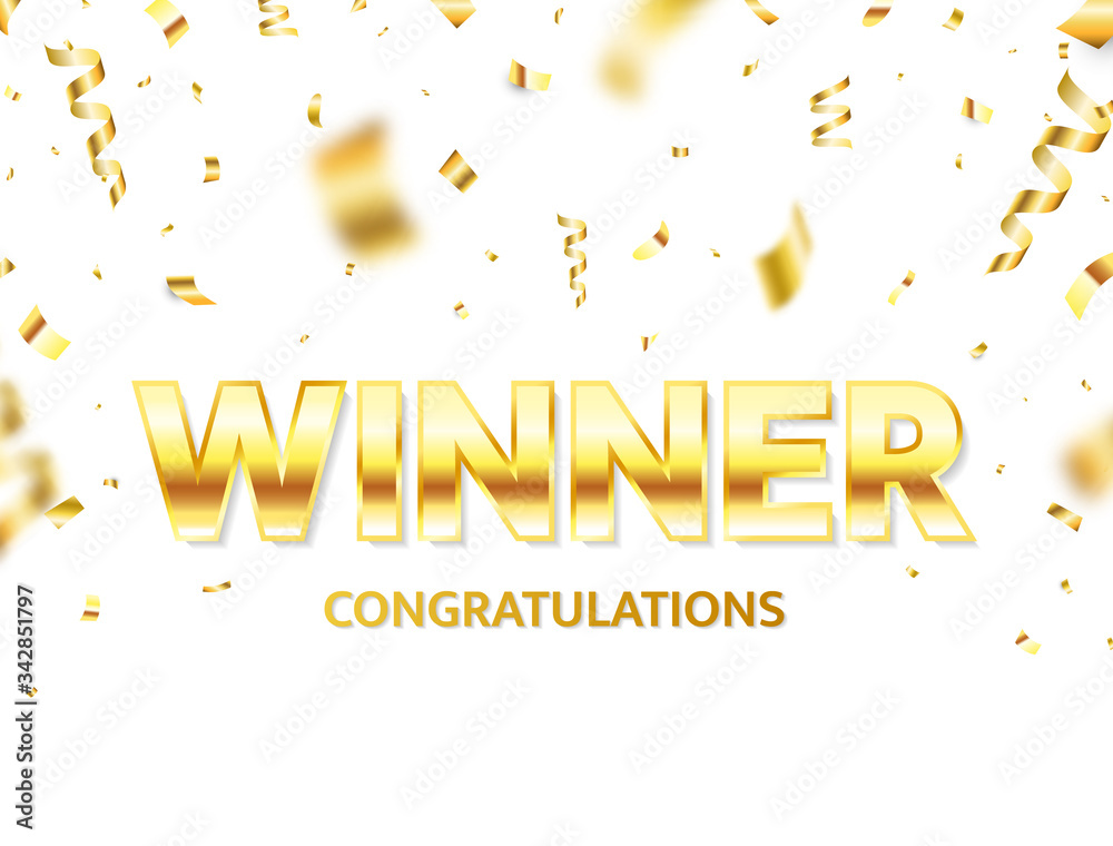 Winner gold text with flying confetti. Luxury congratulations banner ...