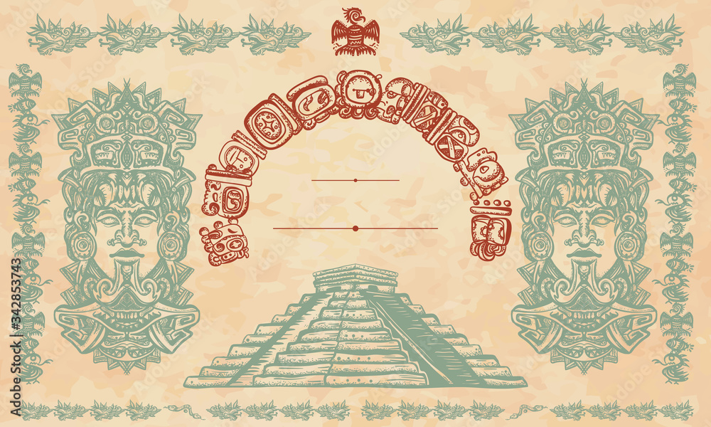 Mayan pyramids, glyphs and old totem. Chichen Itza. Ancient ...