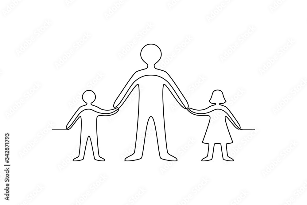 Continuous line drawing. People. Father with children. Black isolated ...