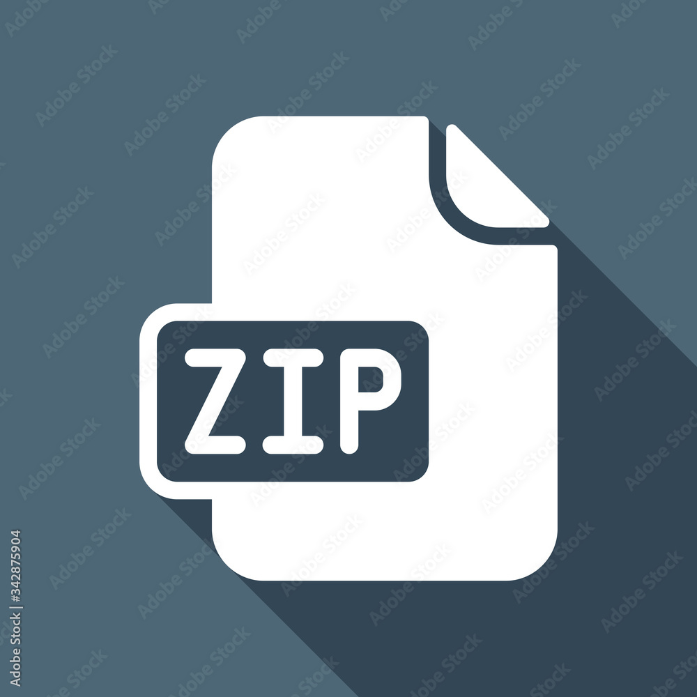 Computer file, zip archive symbol. White flat icon with long shadow on ...