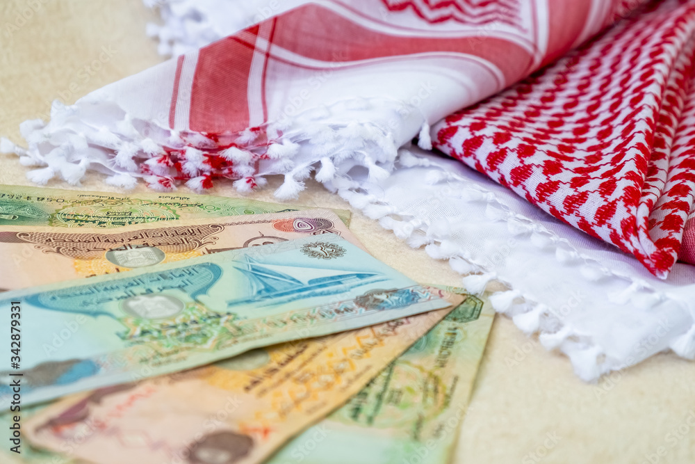Arab Money Dirham Bank notes and Traditional Arab Male Scarf - kaffiyah ...
